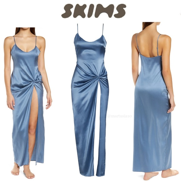 SKIMS | Dresses | Skims High Slit Stretch Silk Slip In Arctic Blue M ...